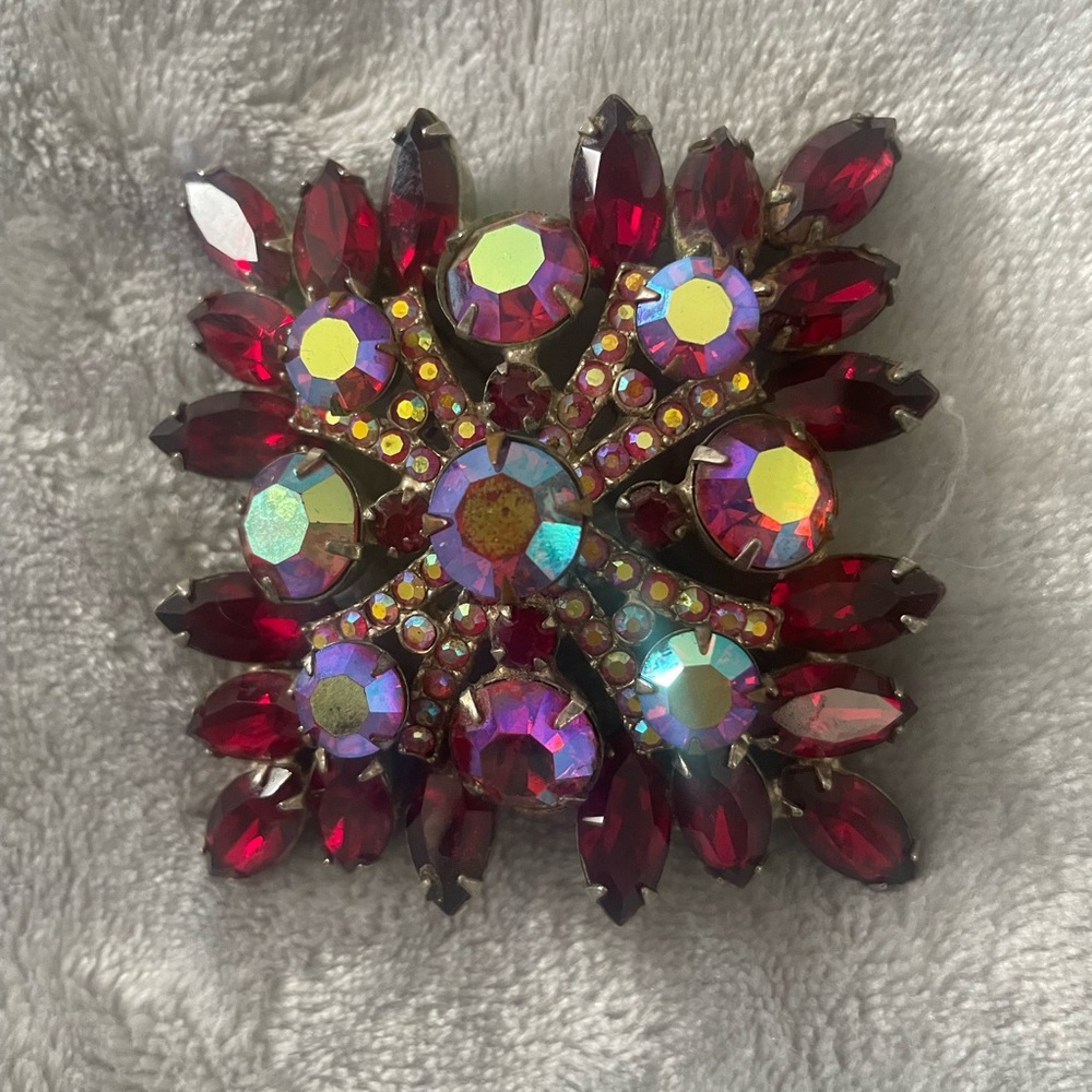 Large Vintage Ruby Red Layered Brooch Art Glass Rhine… - Gem